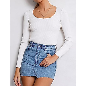 ZESICA Women's 2023 Long Sleeve Square Neck Shirts Fall Clothes Slim Fitted Ribbed Knit Sweater Basic Tee Tops,White,Large