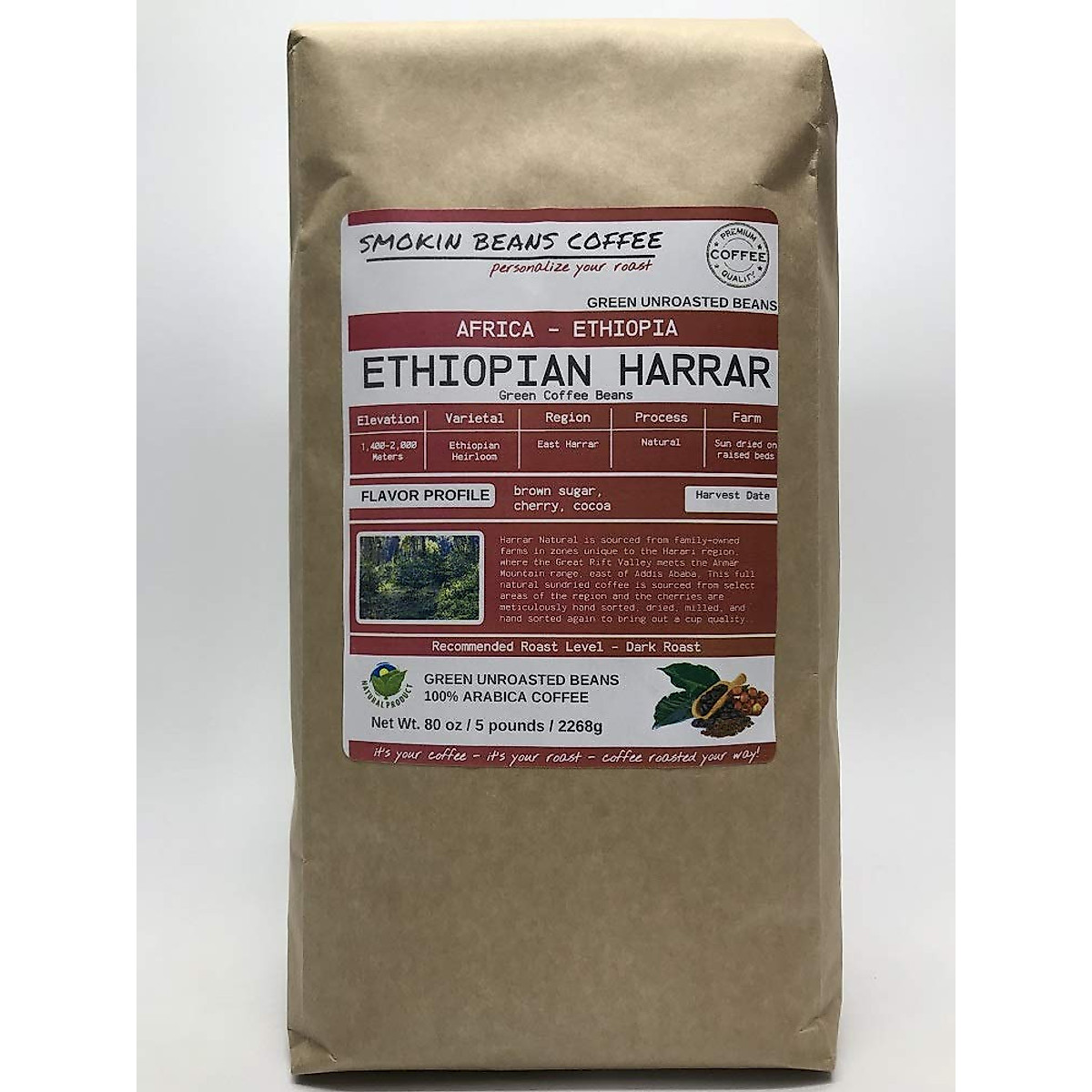 5-pound Ethiopia Harrar Natural (Unroasted Green Coffee Beans) African heirloom Arabica coffee fresh current-crop beans for home coffee roasters specialty-grade coffee beans includes a free burlap bag