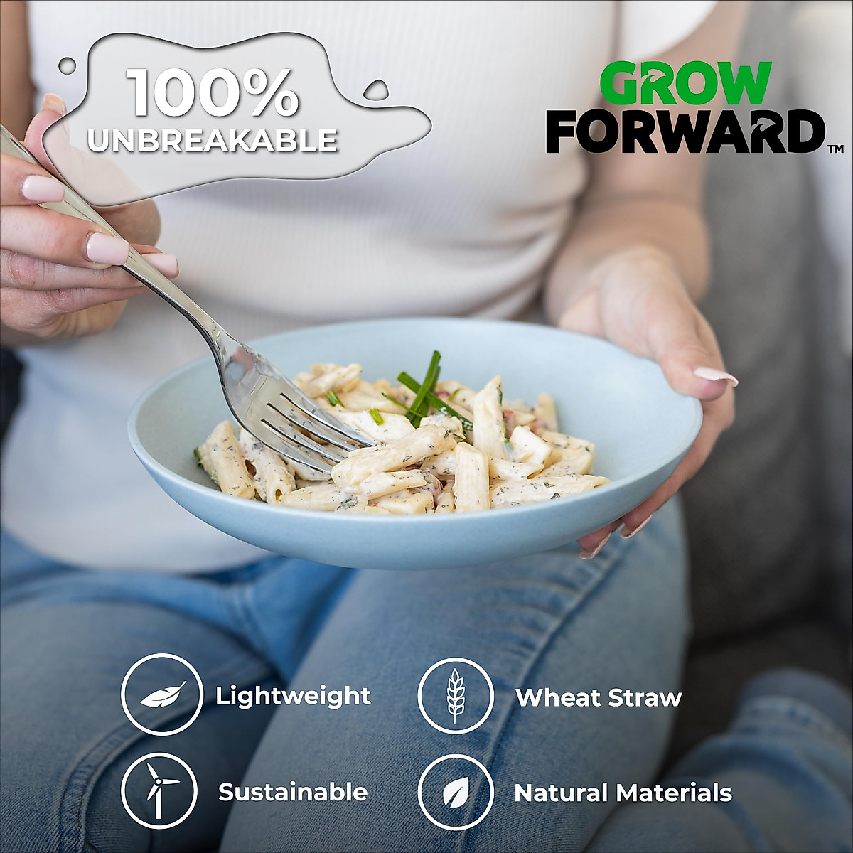 Grow Forward Premium Wheat Straw Pasta Bowls - 30oz Unbreakable Wide & Shallow Dinner Plate Bowls Set of 6 - Microwave Safe Reusable Plastic Pasta Bowls for Kids, Adults, Salad, Camping, RV - Tropical