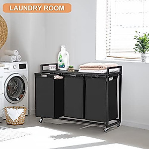 Herture Laundry Basket, 3 Compartment Laundry Hamper, 3 x 10 Gal (38L), with Shelf Rolling Laundry Sorter Organizer, Pull- Out Laundry Sorter with 3 Removable Laundry Bags Black PF01XLB