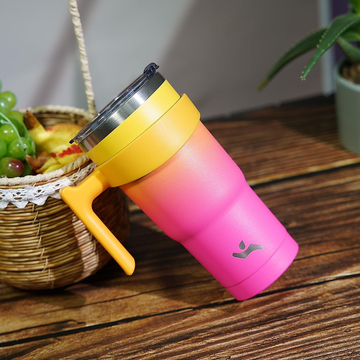 Konokyo 20oz Tumbler with Handle and 2 Straw 2 Lid, Insulated Water Bottle Stainless Steel Vacuum Cup Reusable Travel Mug,Rainbow