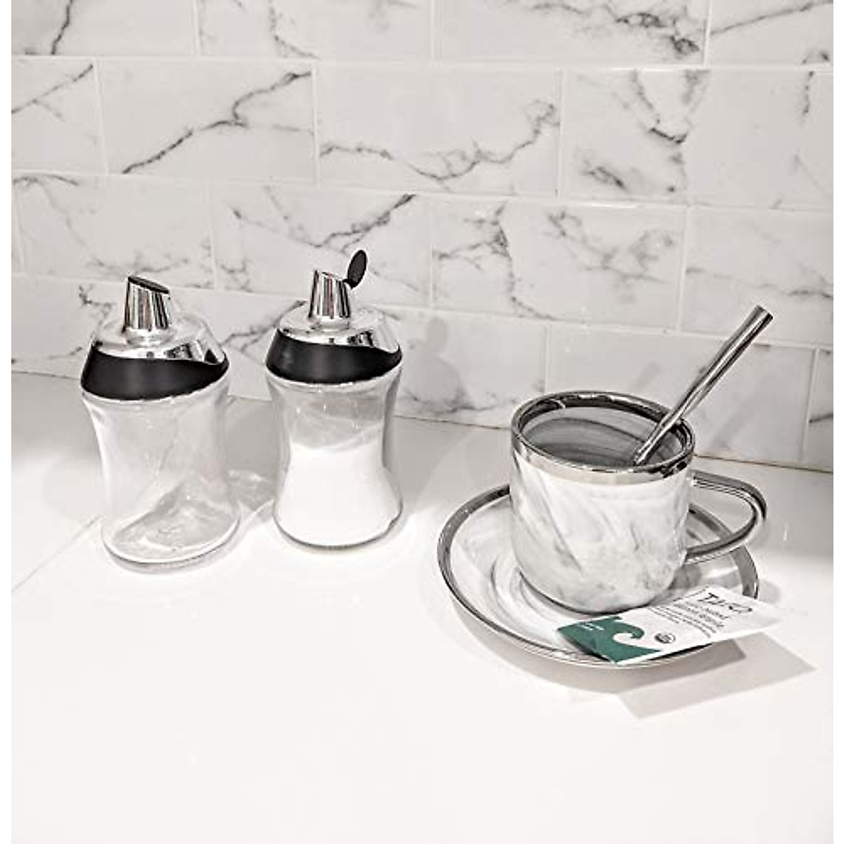 J&M Design Sugar Dispenser Shaker w/Pour Spout For Coffee Bar Accessories, Tea Organizer Station Essentials, Coffee Gifts & Kitchen Baking w/Easy Spoon Pouring Lid - 7.5oz Glass Jar Container Bowl