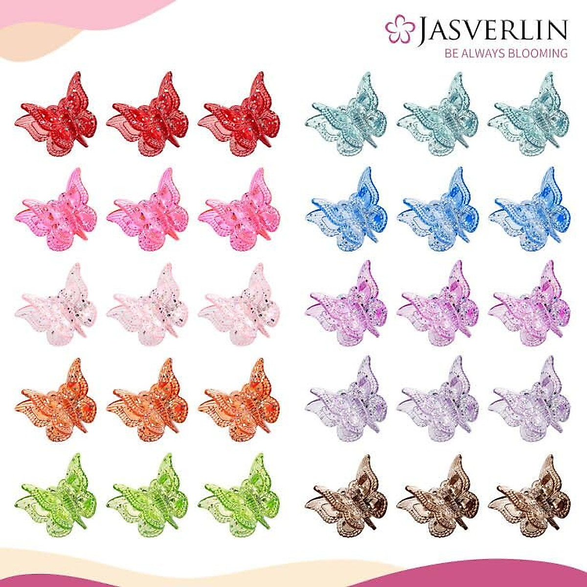 JASVERLIN Glitter Mini Butterfly Hair Claw Clips, Sparkly Colorful Hair Accessories for Girls and Women - 90s Y2K Cute, Small, Tiny Clip in 10 Assorted Colors, Set of 50 (Glitter)