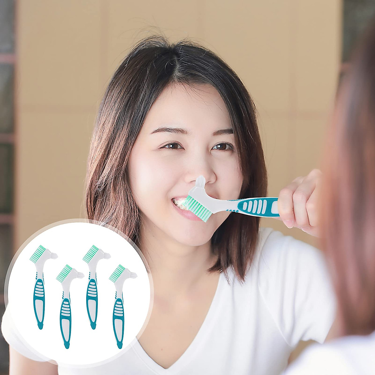 Healifty 4 Pcs Hard Denture Brush Double Sided Toothbrush Multi- Layered Bristles Fake Teeth Cleaning Brush Denture Care (Green)