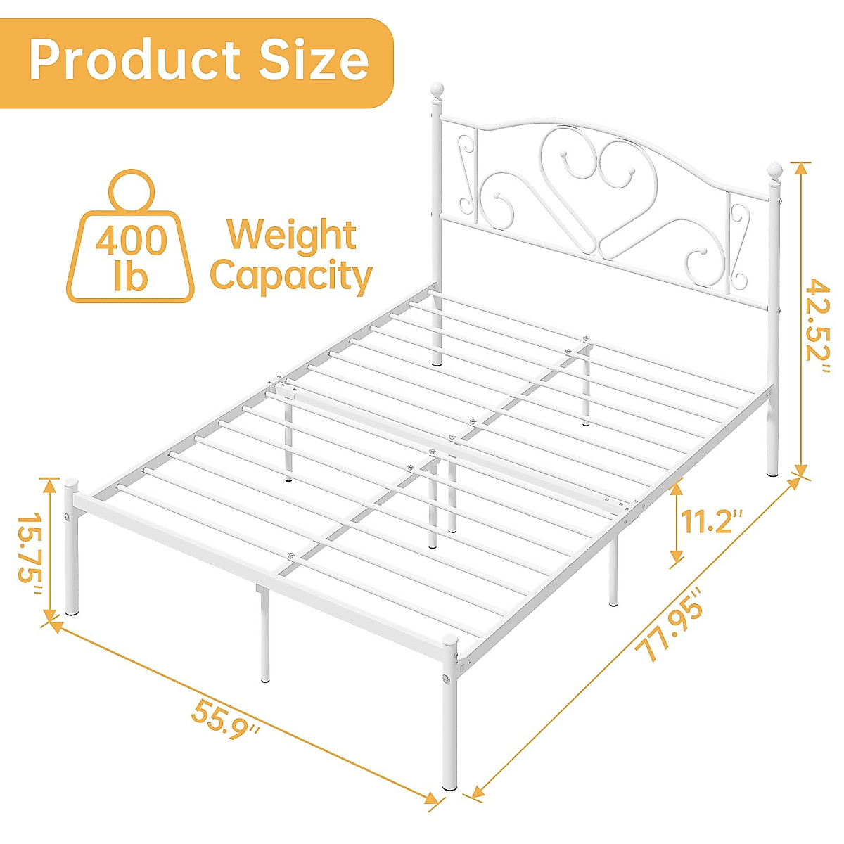 Weehom Full Size Bed Frame with Headboard, Heavy Duty Steel Slat Support Platform Under Bed Storage Space No Box Spring Needed, White