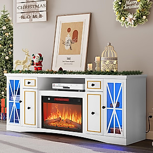 YITAHOME 70" Fireplace TV Stand for up to 80 Inch TVs, Entertainment Center with 23 Inch Electric Fireplace, LED TV Stand with Storage for Living Room (White)