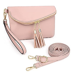 UTO Envelope Wristlet Clutch Crossbody Bag for Women Double Tassel Cellphone Trendy Purse with Strap and Zip Pocket Light Pink