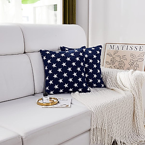 Sunday Praise Set of 2 Soft Chenille Decorative Patriotic Throw Pillow Cover Case Geometric Stars July 4th Accent Square Cushion Cover Case Sham for Couch Sofa Bed Car 18 x 18 Inch 45x45 cm (Blue)