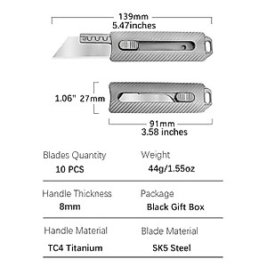 ainhue A358 Retractable Blade Utility Knife, 10pcs Replaceable Blades, 3.58 inches Titanium Handles Pocket Clip, Heavy Duty Box Cardboard Cutter