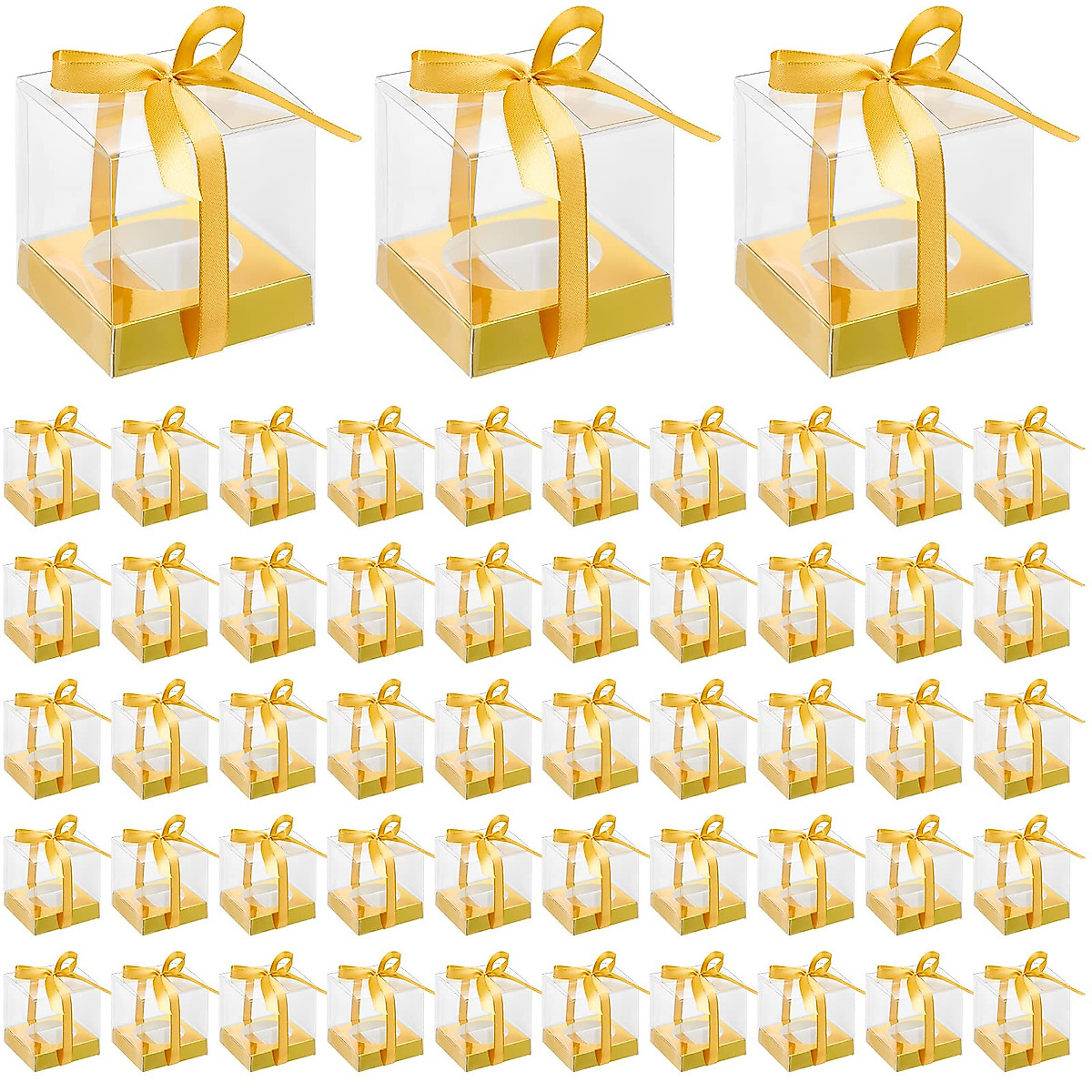 Tuanse 96 Pieces Individual Cupcake Boxes Single Cupcake Container Cupcake Carrier Plastic Cupcake Holder with Ribbons and Inserts for Wedding Birthday Party Favors, 3.5 x 3.5 x 3.5 Inch (Gold)