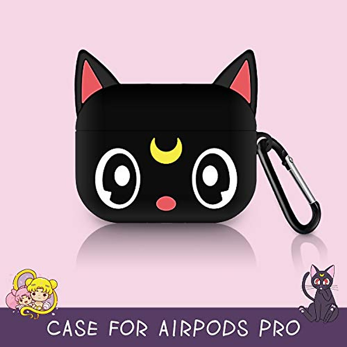 Black Sailor Moon Airpods Pro Case, 3D Cute Cartoon Character Protective Soft Silicone Apple Airpods Pro Cover with Keychain, Kawaii Anime Animal Skin Accessories Gift for Girls Kids Teens(Luna Cat)