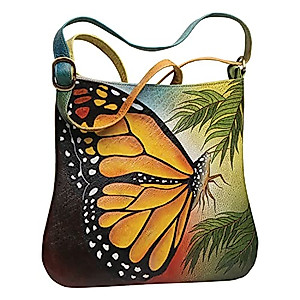Handpainted Butterfly Shoulder Bag - Leather Crossbody Strap Lined Purse