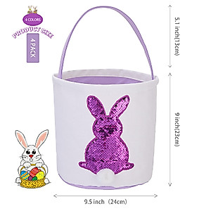 4 Pack Easter Bunny Basket Bags for Kids, Sequins Rabbit Canvas Eggs Hunt Baskets with Fluffy Tails, Tote Bag Candies Gifts Bucket for Easter Party - Blue, Purple, Pink and Green