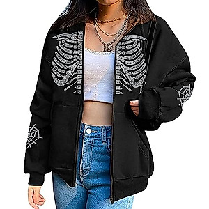 MOUSYA Women’s Skeleton Oversized Zip Up Hoodie Y2k Skull Sweashirt Rhinestone Graphic Hoodies Fall Long Sleeve Pullover Tops Black
