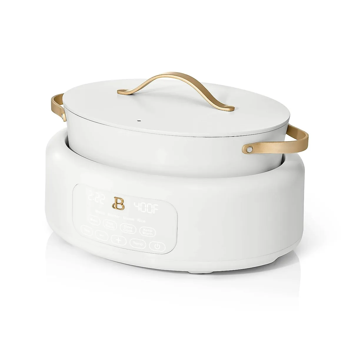 10-in-1 6qt Electric Multi-Cooker by Drew Barrymore, 7 Functions, Touch-Activated Display, Oven-Safe Pot & Lid, Stainless Steel Handles (White Icing)