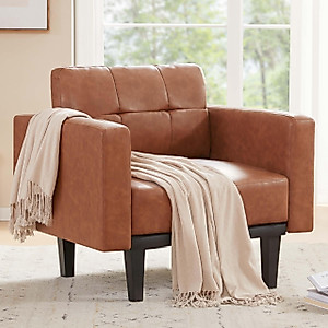 AYEASY Mid-Century Modern Leather Accent Set of 2, Oversized Upholstered Single Sofa Chair with Wood Base & Legs, Comfy Living Room Armchairs for Apartment Bedroom Office Study, Cognac/Espresso, Brown