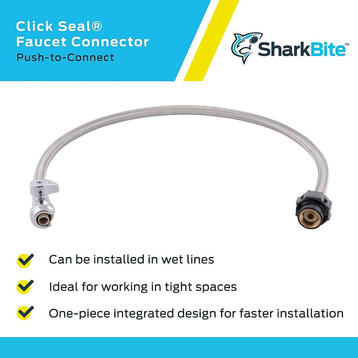 SharkBite 1/2 Inch Straight Stop x 7/8 Inch Ballcock Click Seal Toilet Connector x 16 Inch, Push to Connect Brass Plumbing Fitting, PEX Pipe, Copper, CPVC, PE-RT, HDPE, 24686