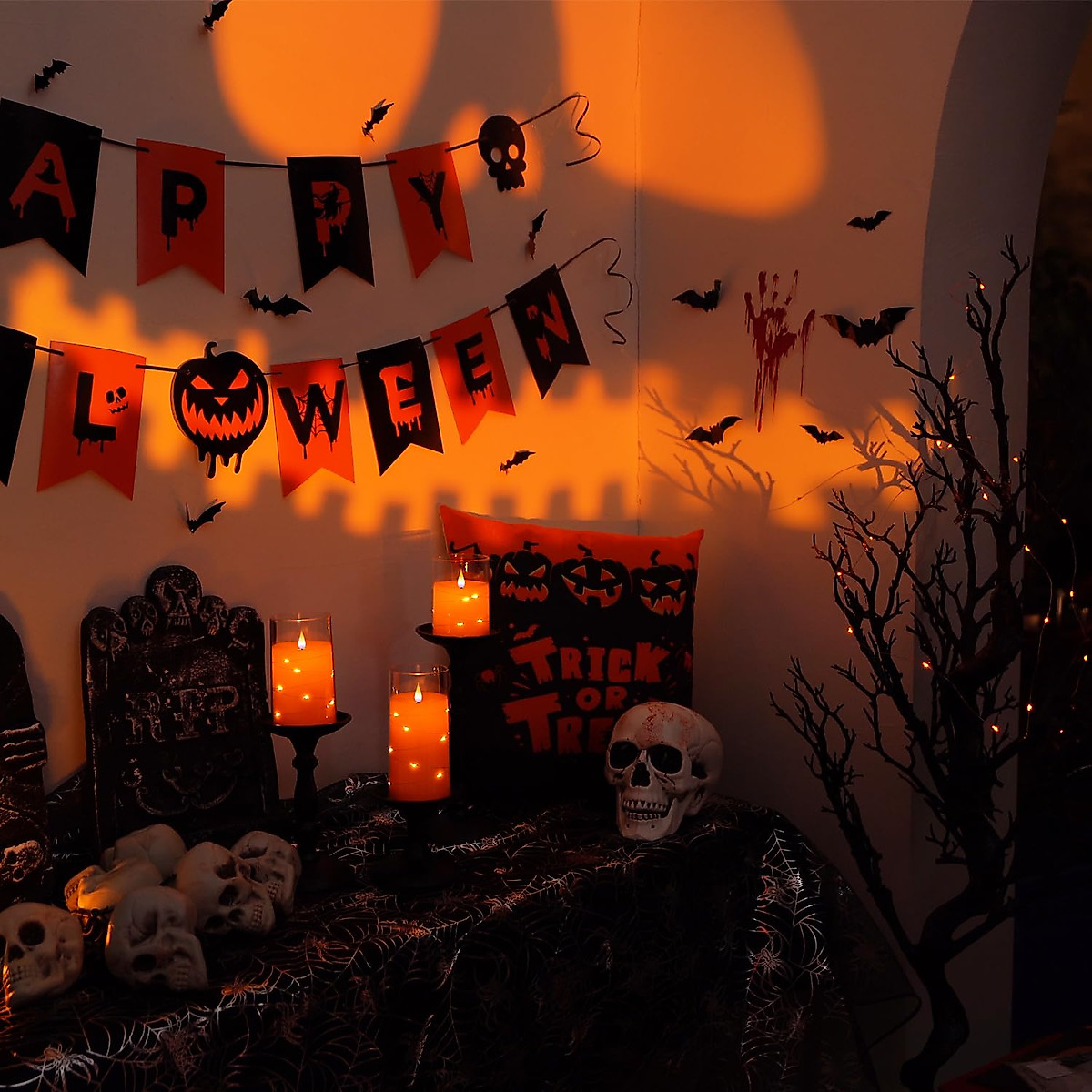 Homemory Halloween Orange Flameless Candles with String Lights, Battery Operated LED Candles with Remote and Timer, Flickering Candles for Halloween Decoration, Fall, Harvest Festival