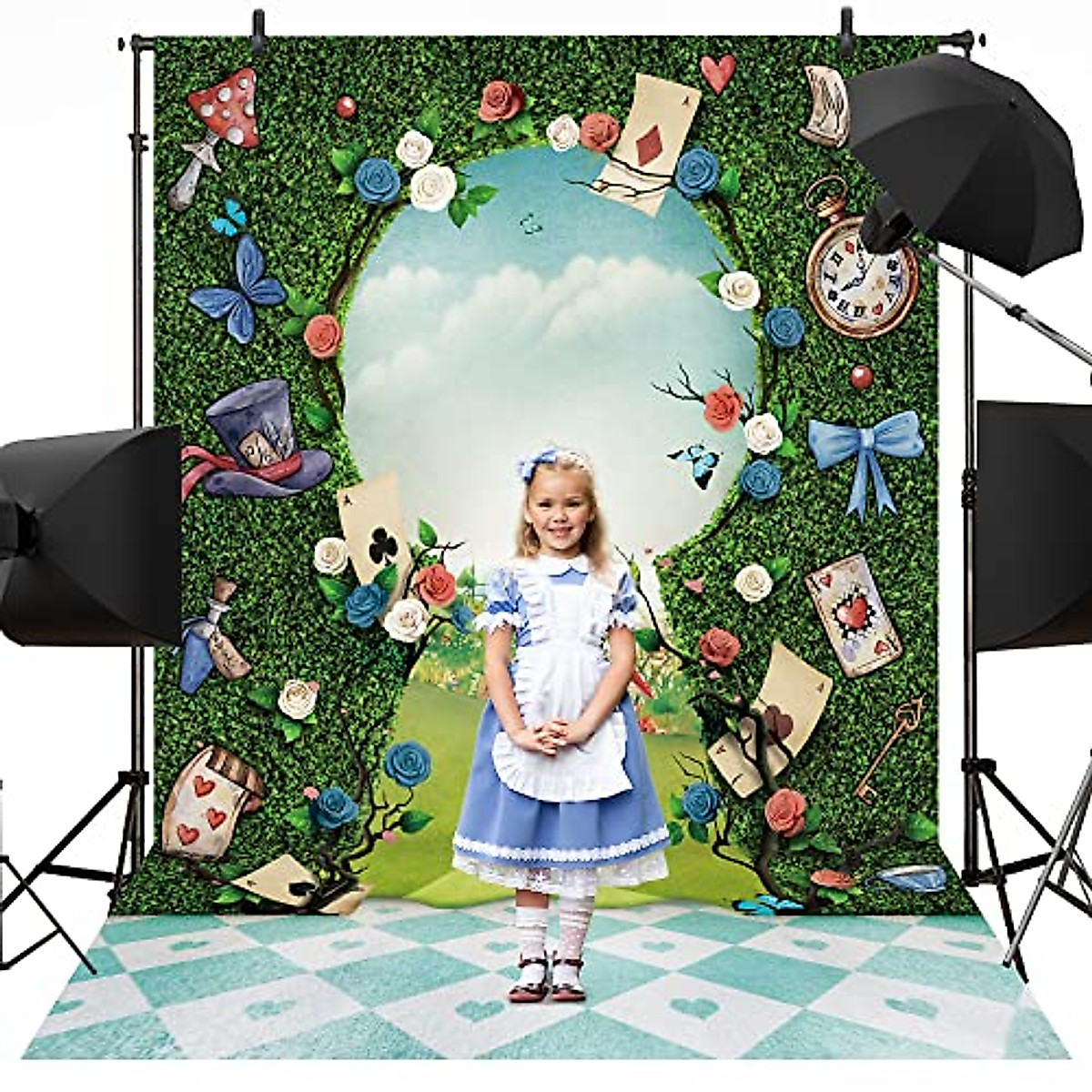 Newsely Wonderland Tea Party Photo Backdrop 5Wx7H Photography Key Hold Checkerboard Green Grass Fence Decorations Background for Newborn Baby Shower Fairy Castle Tale Tapestry Banner Props Supplies