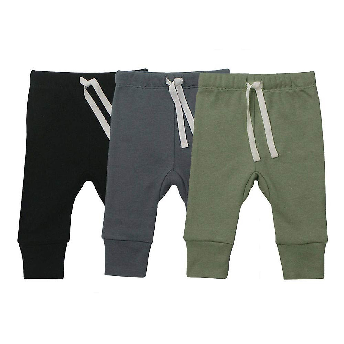 HonesBorn Baby Unisex 3-Pack Pants, Infant Boys Girls Cotton Tapered Ankle Pants(3-6 Months, Black/Slate Gray/Sage)