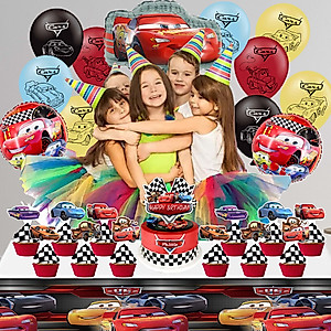 Cars Birthday Party Supplies Include Banner, Hanging Swirls, Balloons, Table Cover, Cake Topper for Cars Party Decorations