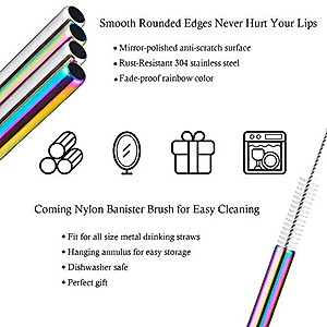 POLIGO 16pcs Reusable Stainless Steel Straws, Colorful Rainbow Drinking Straws, Iridescent Metal Straws with Portable Case and Cleaning Brushes for 20, 30 Oz Yeti Tumbler, Smoothies and Bubble Tea