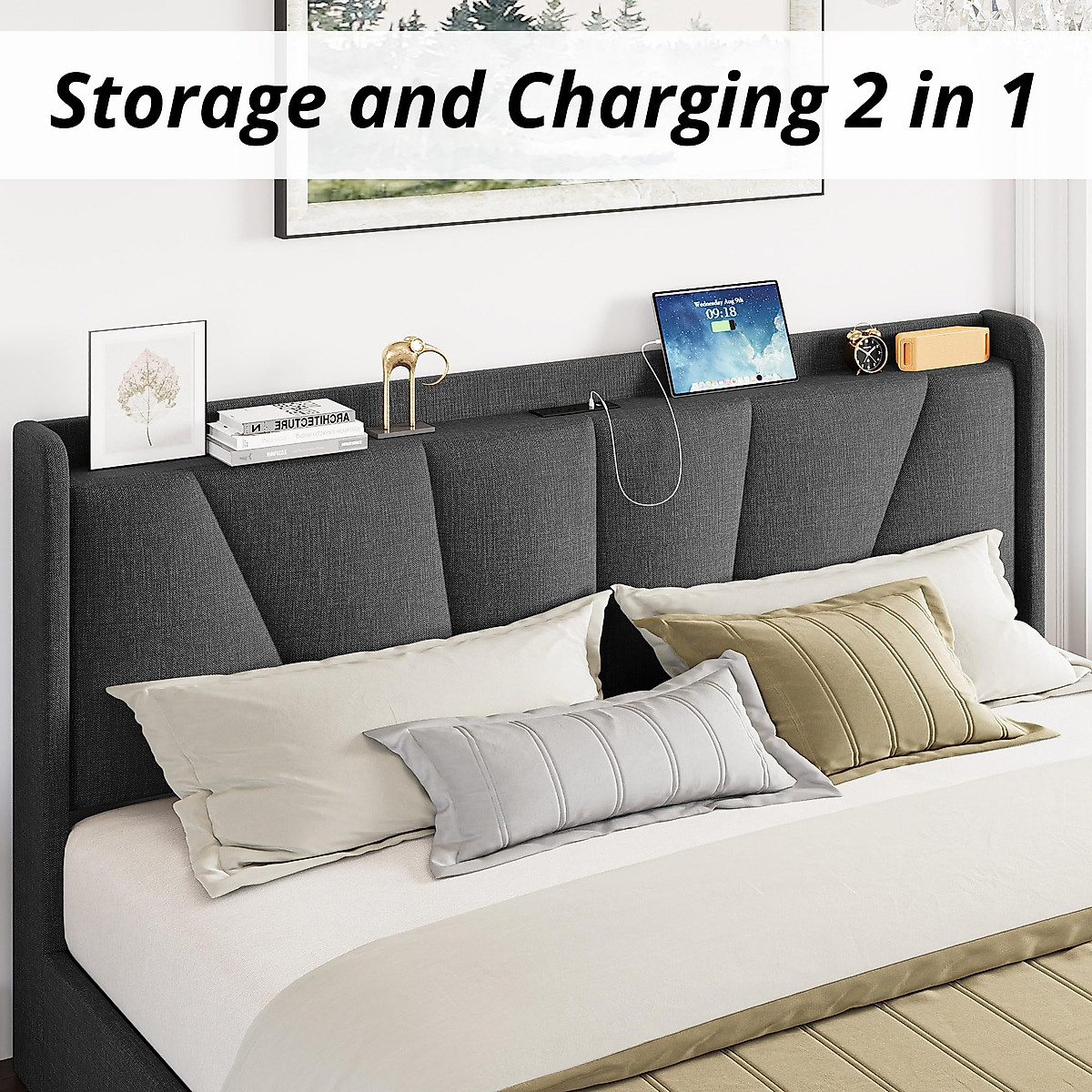 LIKIMIO King Bed Frame and Upholstered Headboard, Platform Bed with Storage Drawers and Outlets, Sturdy, Noiseless, No Box Spring Needed, Easy Assembly, Dark Gray