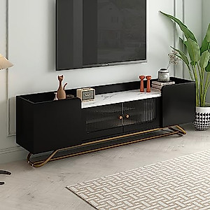 WADRI TV Stand with Fluted Glass, Faux Marble Top Console Table with Gold Frame Base for Living Room, Contemporary Entertainment Center for Television Up to 65" (Black + Particle Board-035)