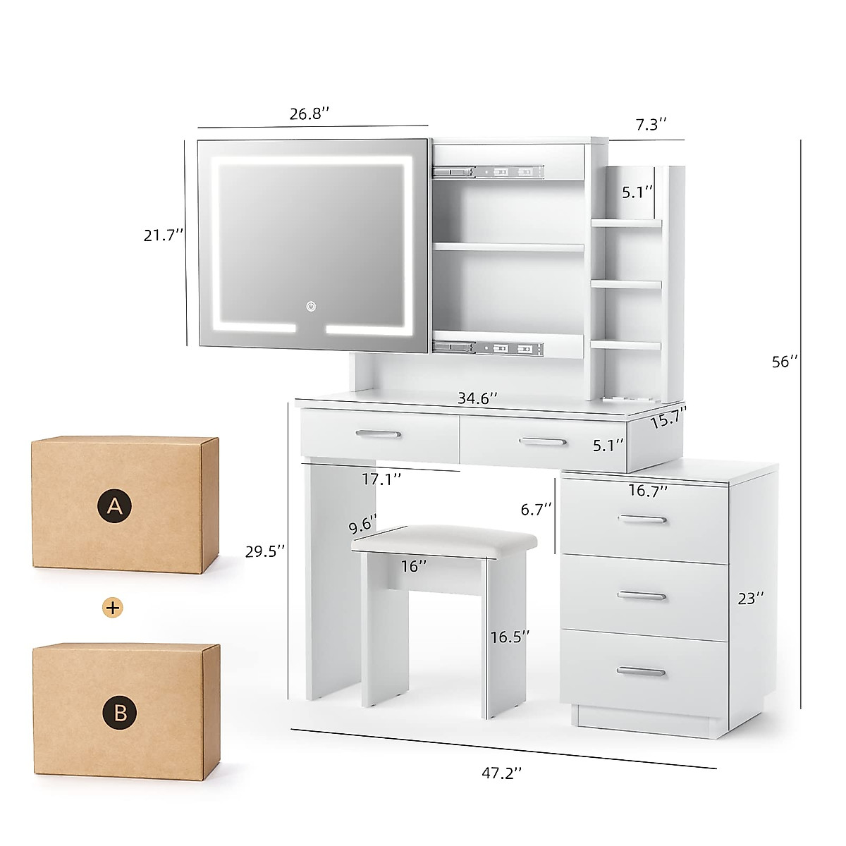 SMOOL 47" Large Vanity with Sliding Lighted Mirror, Makeup Vanity Desk with Power Outlet, 3 Color Lighting Modes Adjustable Brightness, Vanity Table Set with Movable 3-Drawer Chest and Shelves, White