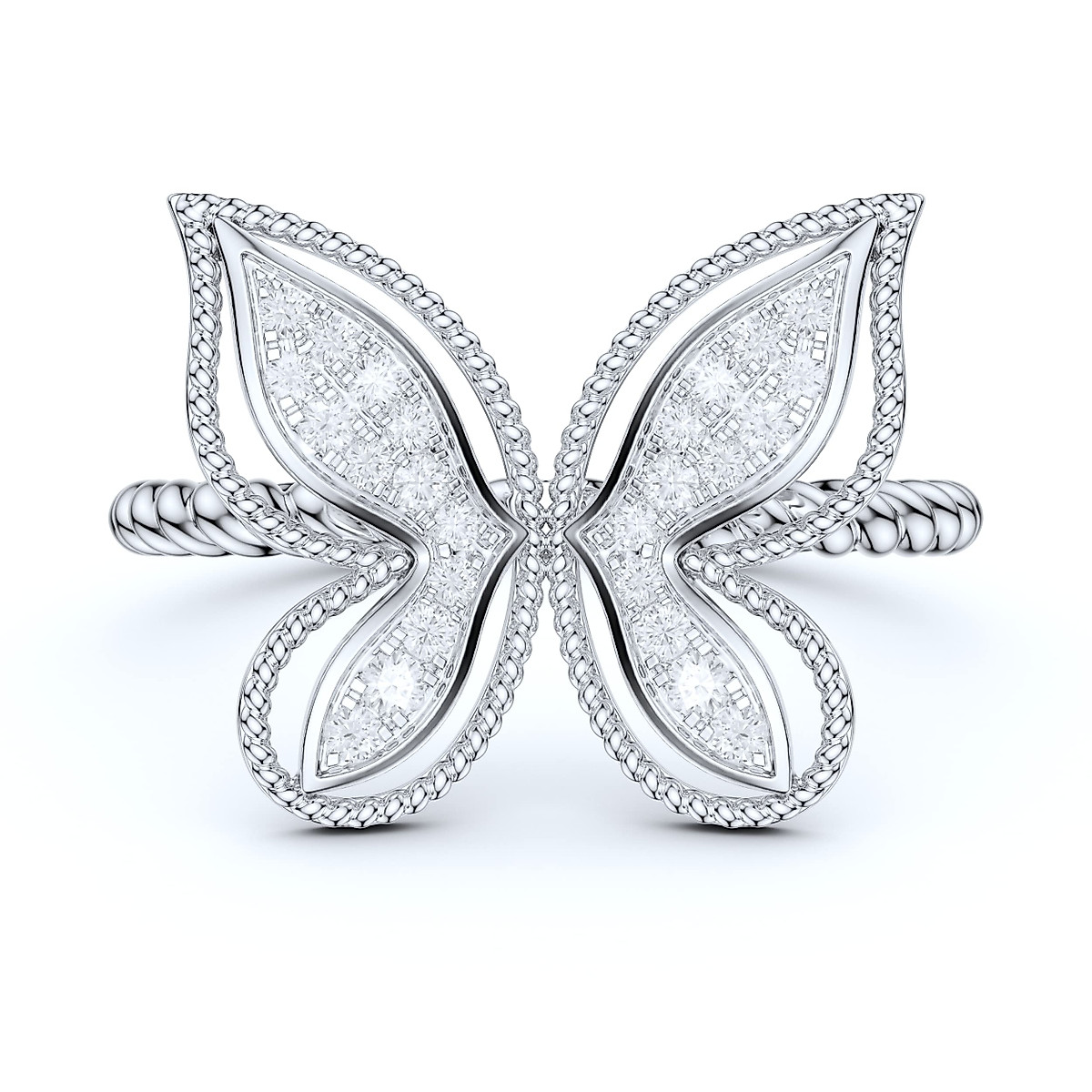 PRSTANI Real 14k White Gold Twisted Rope Shank Round Brilliant Genuine Moissanite Milgrain Butterfly Ring For Women (6.5)