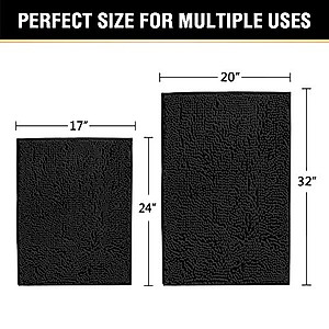 H.VERSAILTEX (Set of 2) Super Thick Soft Shaggy Chenille Bath Mats Machine Washable Bath Rugs Set for Bathroom, Dry Fast Water Absorbent Bath Mats, Black (Pack 2-20" x 32"/17" x 24")