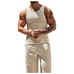 GORGLITTER Men's 2 Piece Rib Knit Outfits Casual Sleeveless Tank Top Elastic Waist Pants Set Apricot Medium