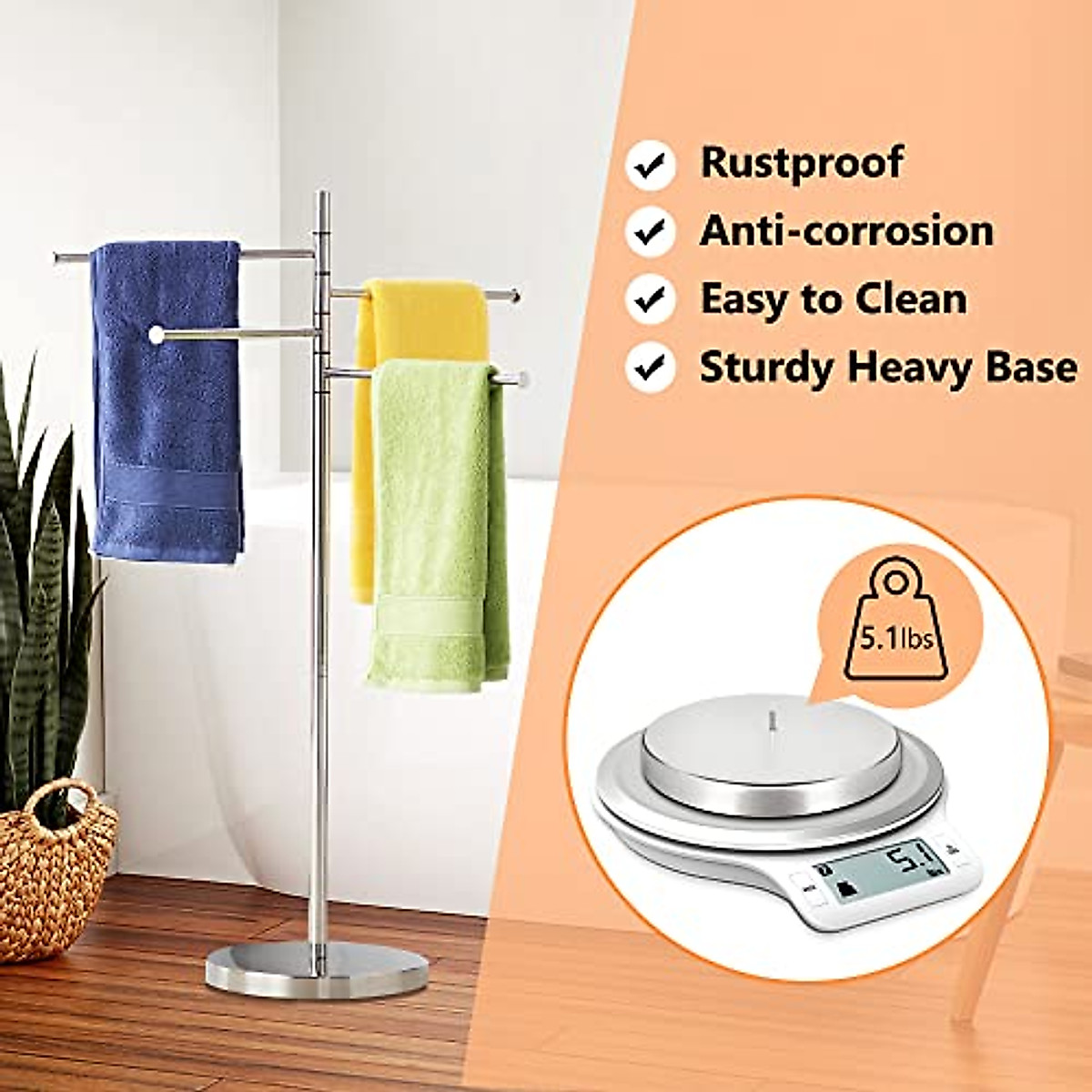 Towel Racks for Bathroom, Modern 4 Swivel Arm Standing Bathroom Towel Rack Stand with Heavy Base, Freestanding Bath Towel Bar Holder, Rustproof Stainless Steel, DECLUTTR