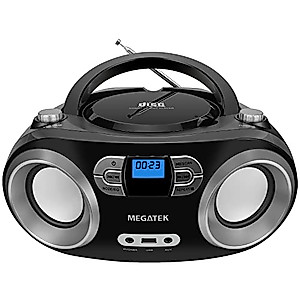 MEGATEK Portable CD Player Bluetooth Boombox with FM Radio, USB, Aux and Headphone Jack, CD-R/RW and MP3 CDs Compatible, Stereo System for Home with Dual Speakers, AC/Battery Operated - Black