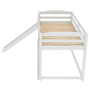 Low Bunk Beds Twin Over Twin Bunk Bed with Slide and Ladder, Wooden bunk Bed for Toddlers Kids Boys Girls (White)