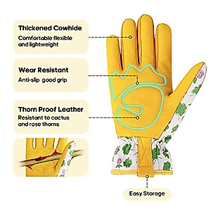 Work Gloves for Women, Durable Cowhide Leather Gardening Gloves Washable Thornproof Garden Gloves for Rose Pruning Cactus Weeding Yard Work Outdoor Work Gardening Gifts for Ladies (Small)