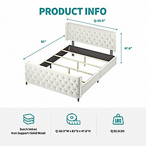 BALUS Upholstered Platform Bed Frame, Queen Size Button Tufted Bed Frame with Adjustable Headboard, Sturdy Wood Slat Support/No Box Spring Needed/Easy Assembly, Bright White