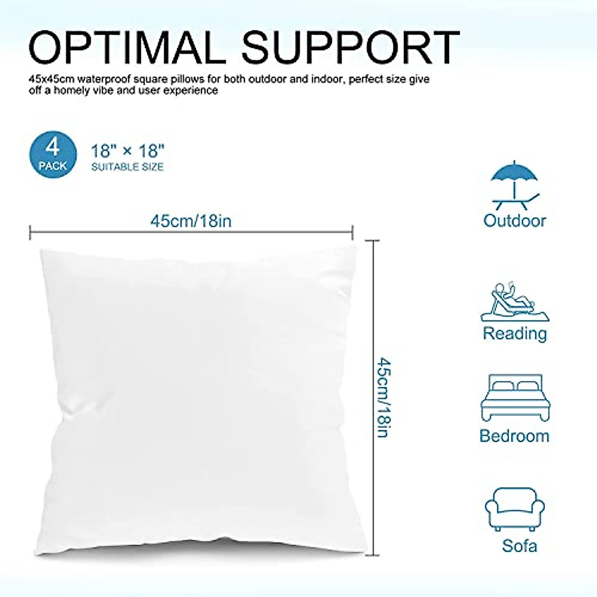 Fixwal 18x18 Inches Outdoor Pillow Inserts Set of 4, Waterproof Decorative Throw Pillows Insert, Square Pillow Form for Patio, Furniture, Bed, Living Room, Garden ( White )
