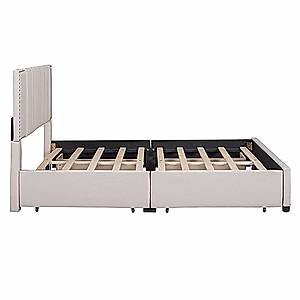 Merax Queen Size Upholstered Platform Bed Frame with Soft Classic Headboard and 4 Drawers, Linen Fabric,Beige