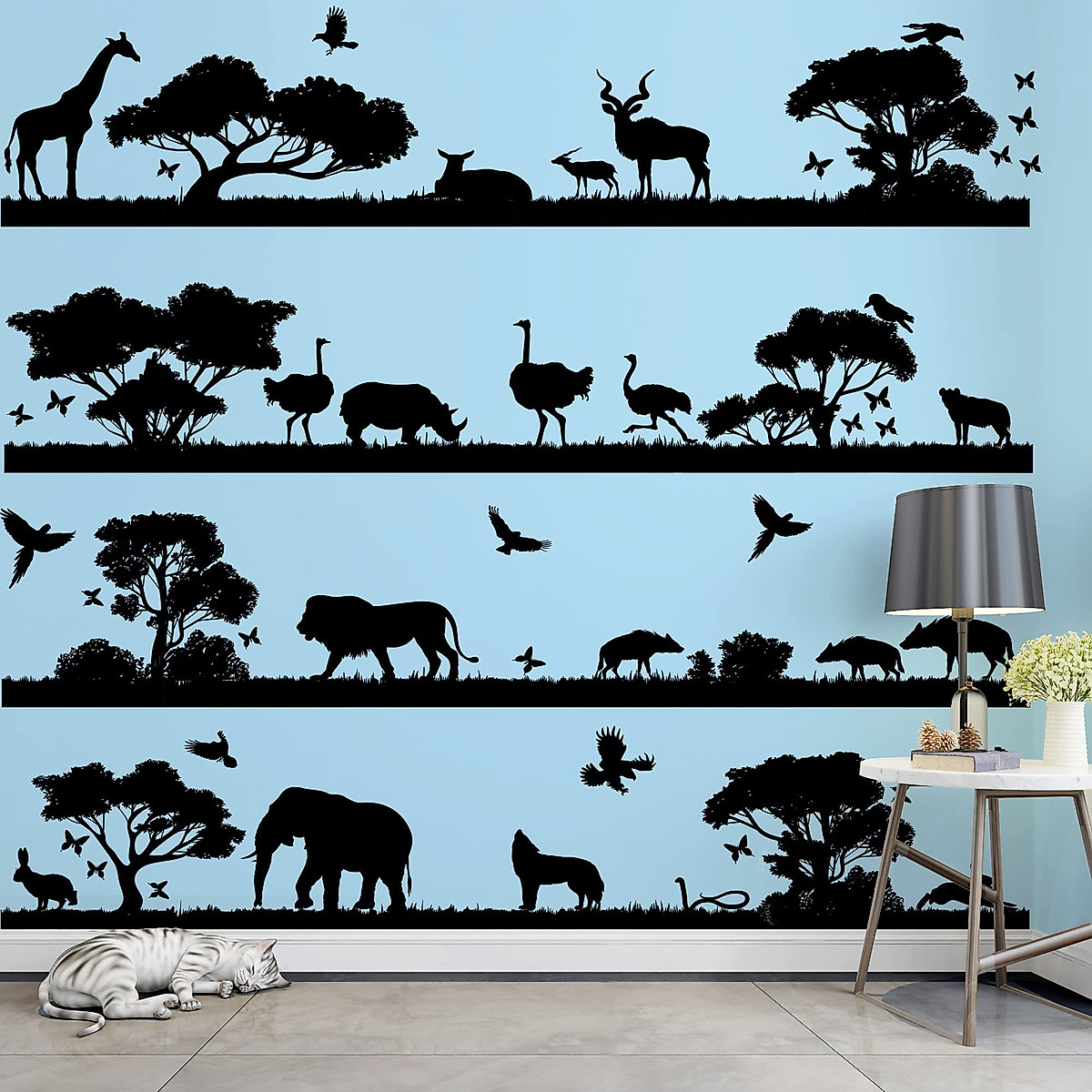 Black Jungle Animals Wall Decals Woodland Wild Animal Wall Stickers Removable Forest Animals Elephant Lion Birds Giraffe Trees Wall Decor for Kids Room Bedroom Living Room Nursery Classroom