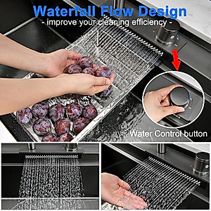 33 Inch Black Undermount Kitchen Sink Waterfall Workstation, BoomHoze 33x19 Waterfall Kitchen Sink Dual Mount Workstation Sink 16 Gauge Black Stainless Steel with Multifunctional Faucet