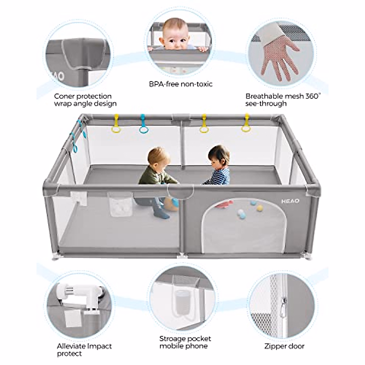 HEAO Baby Playpen for Toddler, Large Baby Playard 79 "X 59", Sturdy Play Yard with Soft Breathable Mesh, Safety Playpen for Babies, with 30 Pits Balls&Anti-Slip Base&6 Pull Rings, Light Grey