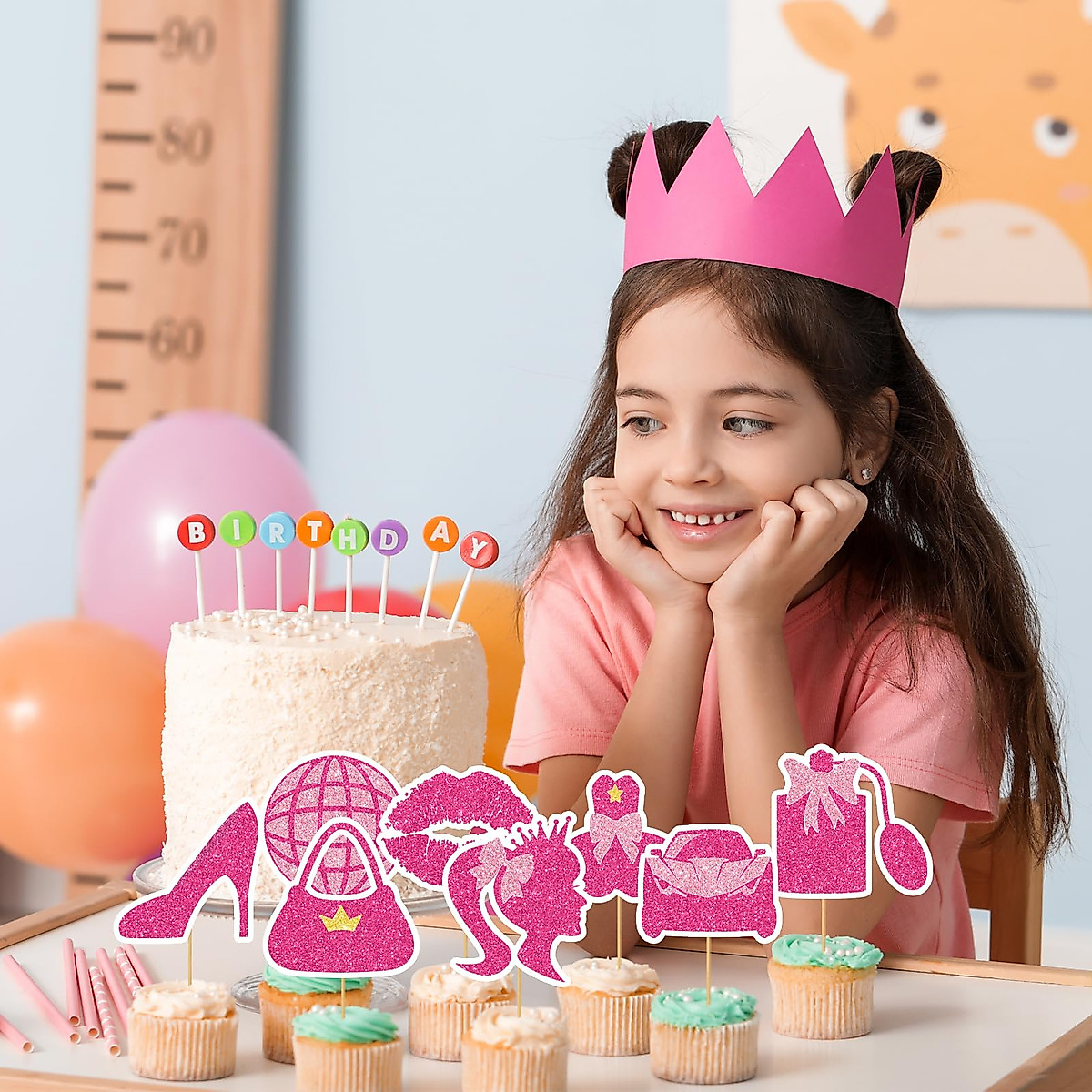 Hot Pink Girl Cupcake Toppers - 24PCS Glitter Hot Pink Princess Cupcake Toppers Picks Handbag Lip High Heel Cake Decoration Princess Birthday Bachelorette Party Supplies Bridal Shower