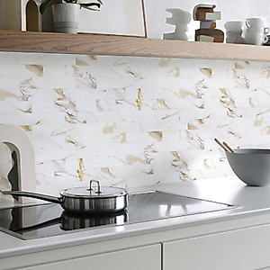 STICKGOO 10-Sheet Peel and Stick Backsplash for Kitchen, Stick on Kitchen Backsplash PVC Wall Tile, Calacatta Golden Self Adhesive Subway Tile