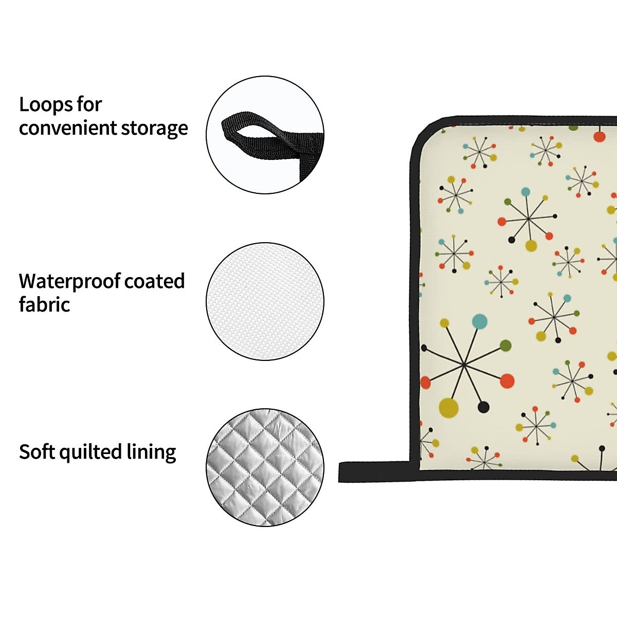 Retro Modern Oven Mitts and Pot Holders Sets, 4 Piece Set, Heat Resistant Polyester Gloves and Pads for Kitchen Cooking Baking Grilling BBQ