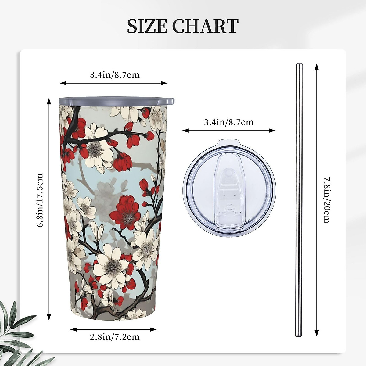 Zemwundy Red and white cherry blossoms 20oz tumbler stainless steel vacuum insulated coffee cup car cup travel mug water bottle with lid for hot and cold drinks