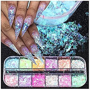 12 Colors Holographic Nail Art Glitter Sequins,Iridescent Ice Slag Nail Glitter Flakes Irregular Colorful Mermaid Nail Sequins Fluorescent Glass Paper Nail Art Supplies for Make-up DIY Nail Decoration