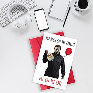 BENNLOOS Horror Themed Birthday Card Decorations for Anyone, Funny Michael Myers Birthday Card for Him Her, Scream Killer Movie Bday Gifts for Best Friend