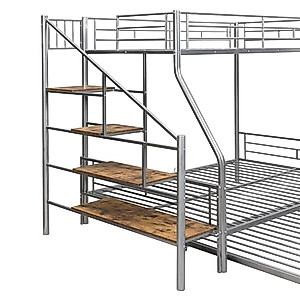 RORIGAT Twin Over Full Bunk Bed with Trundle,Metal Bunk Beds with Storage Staircase and Guard Rail,Bunk Bed Twin Over Full Size for Kids Boys Girls Teens Bedroom,Silver