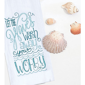 2 Coastal Dish Towels - Beach Kitchen Towels with Sayings | Ocean, Tropical, Seashell Theme Flour Sack Towel Set | Sea Life Towels for Dishes, Hand, Lake House, Beach House Decor with Recipe Card